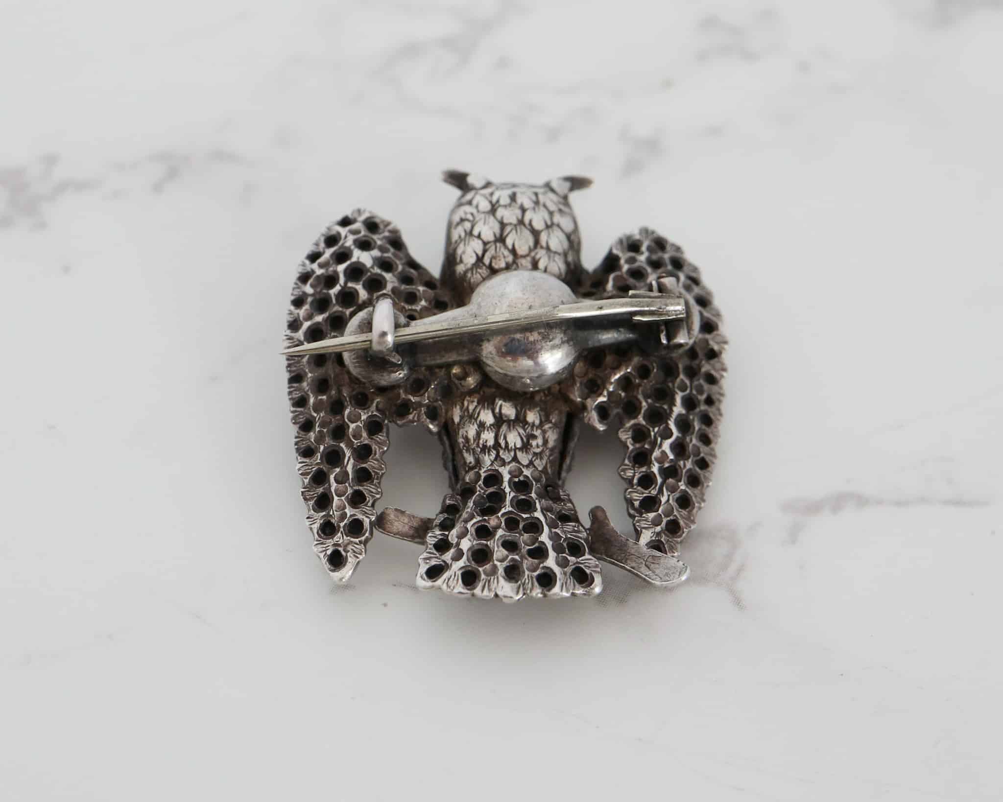 Antique Victorian Silver Owl Brooch - Aladdins Cave Jewellery