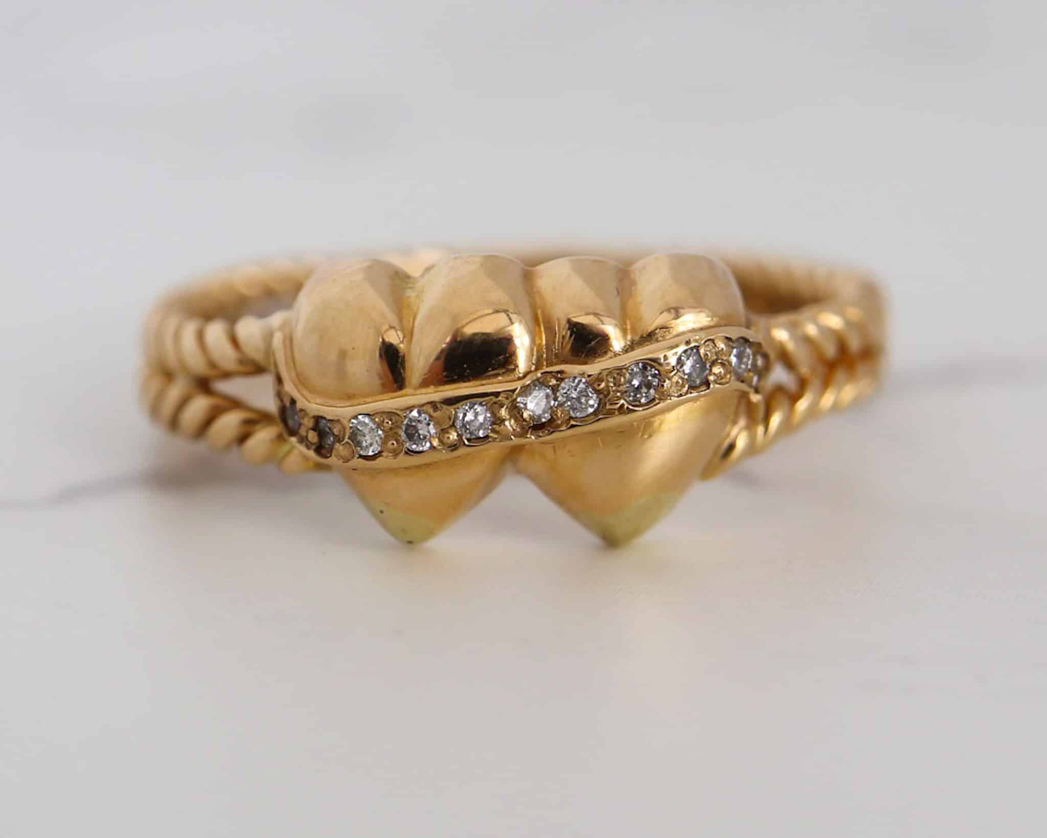 Victorian 18ct Gold and Diamond Double Heart Ring - Aladdins Cave Jewellery