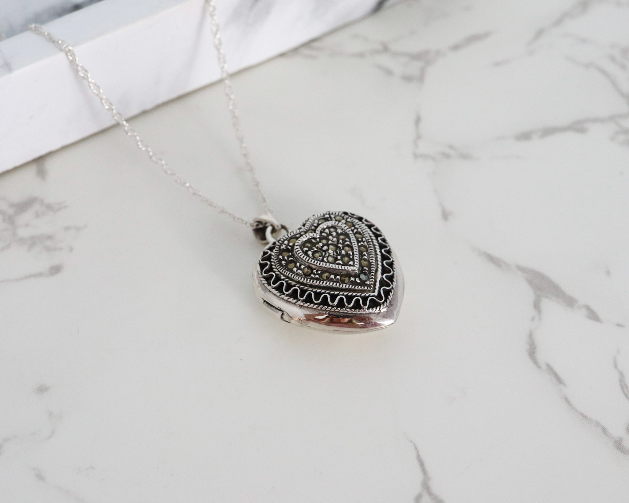 Vintage Style Silver and Marcasite Heart Locket - Aladdins Cave Jewellery