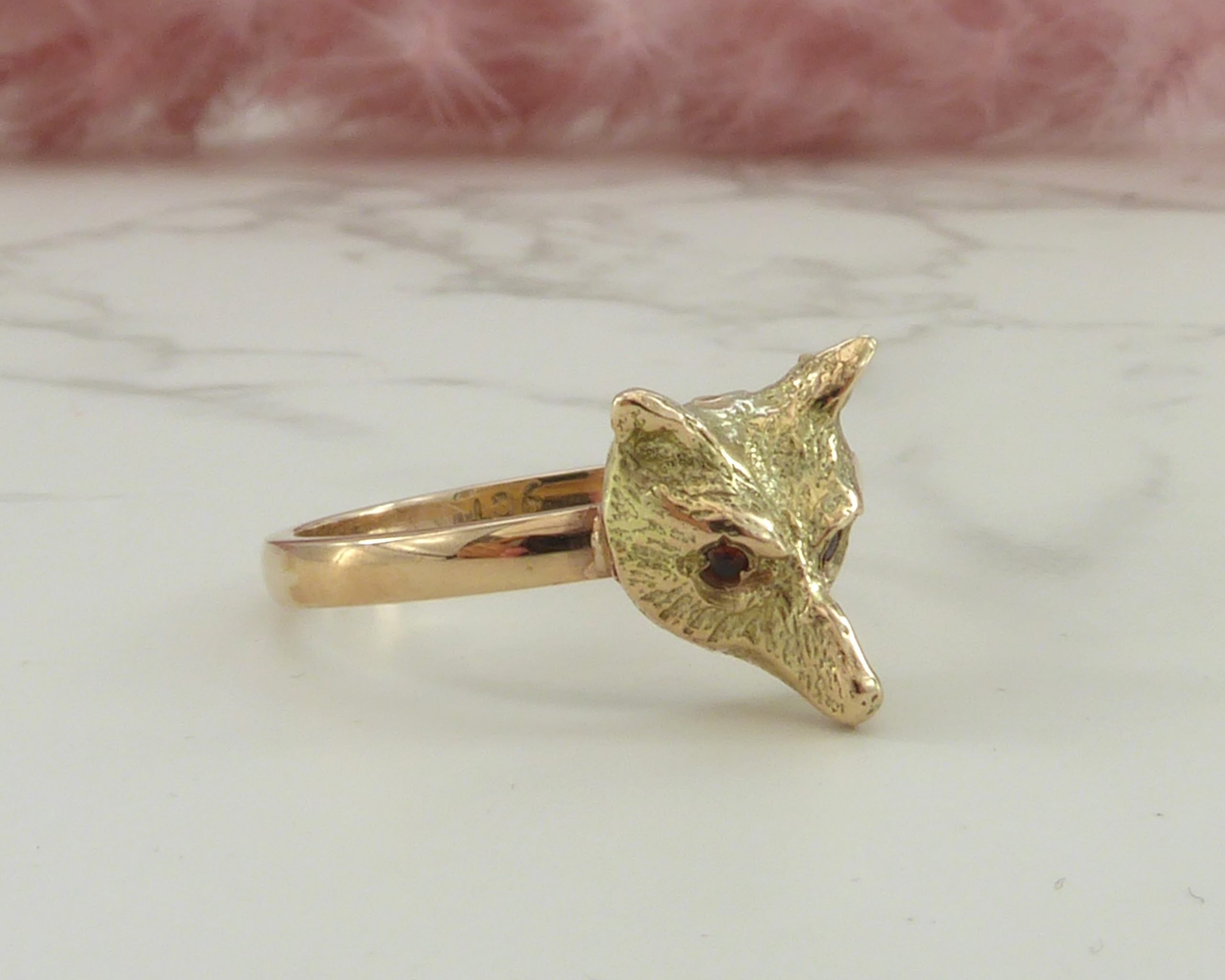 Edwardian 9ct Gold Fox Head Ring - Aladdins Cave Jewellery