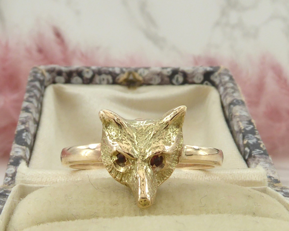 Edwardian 9ct Gold Fox Head Ring - Aladdins Cave Jewellery