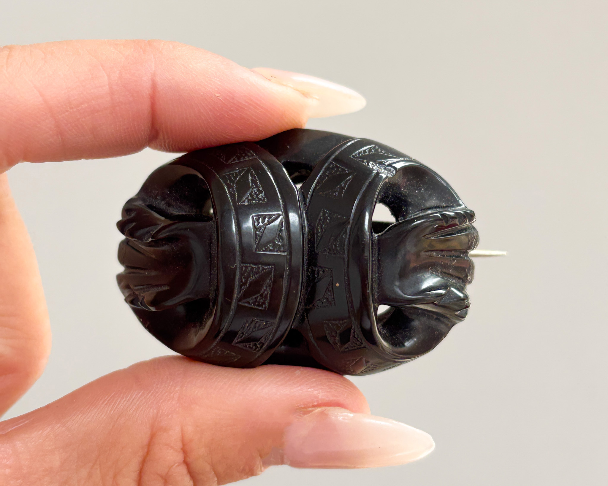 Antique Whitby Jet Carved Brooch - Aladdins Cave Jewellery